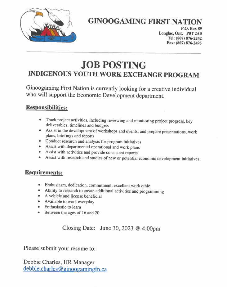 Indigenous youth work exchange program - Ginoogaming First Nation